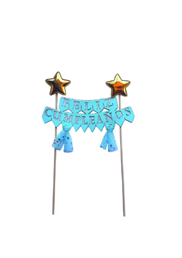 Topper Banderin Con Estrellas Celeste y Plata x1 – Goldmundo