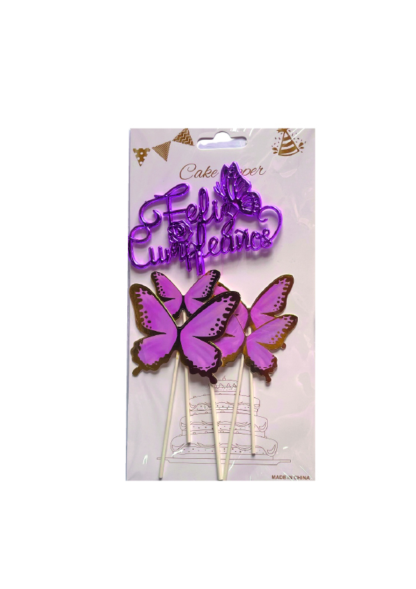 Topper Frase Feliz Cumple Con Mariposa Rosa x1 – Goldmundo