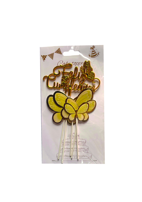 Topper Frase Feliz Cumple Con Mariposa Amarillo x1 – Goldmundo