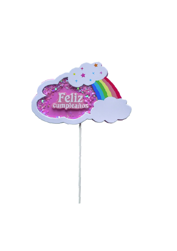 Topper Feliz Cumple Arcoiris Relleno Rosa x1 – Goldmundo